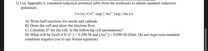 Solved 3) Use Appendix L (standard reduction potential table | Chegg.com