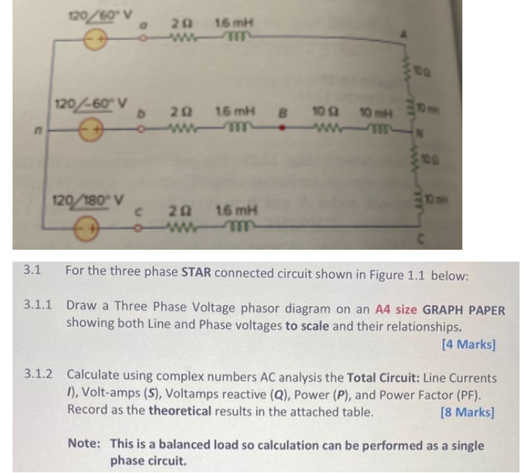 Solved 3.1 ﻿For the three phase STAR connected circuit shown | Chegg.com