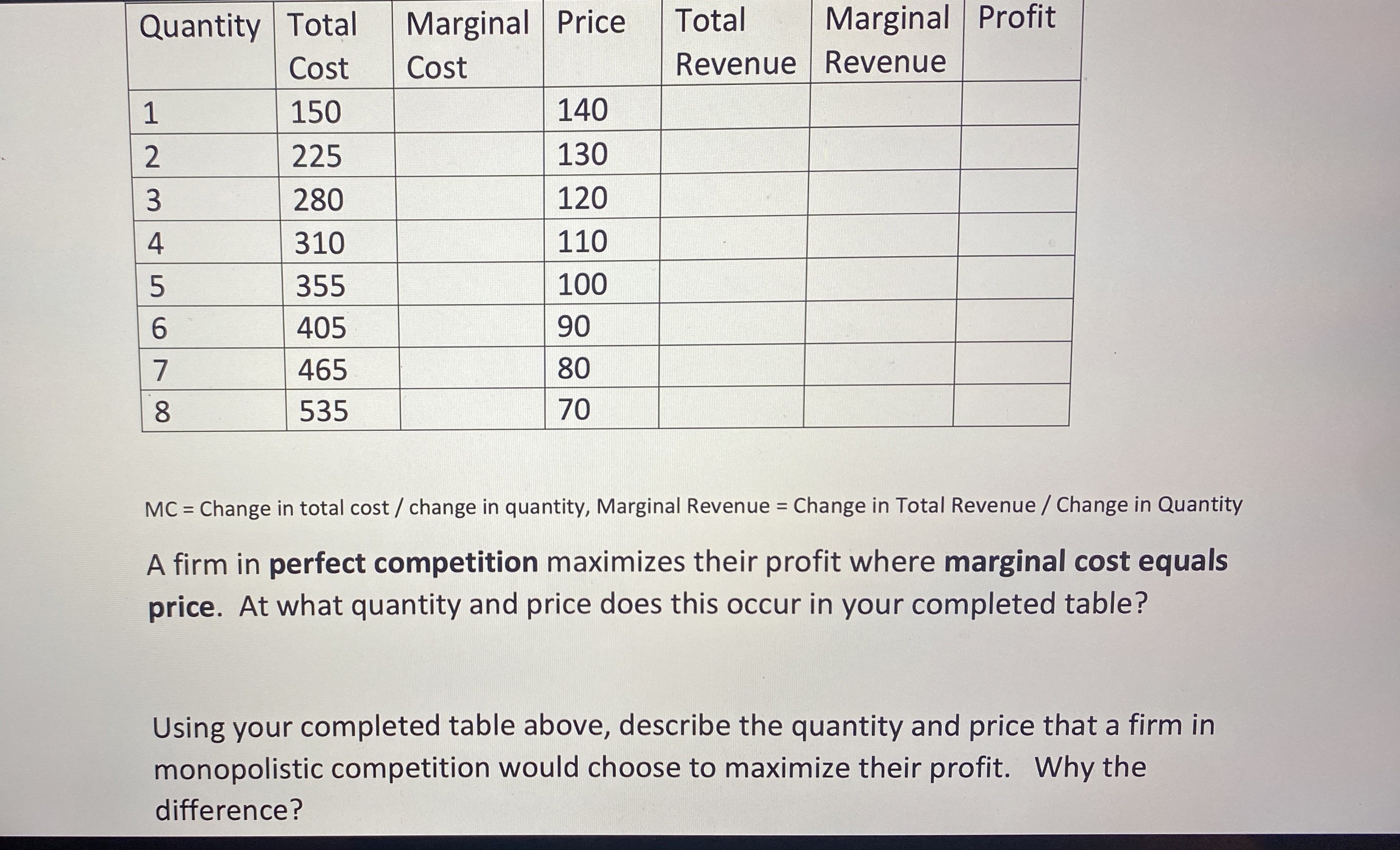Solved \table[[Quantity,Total Cost,Marginal | Chegg.com