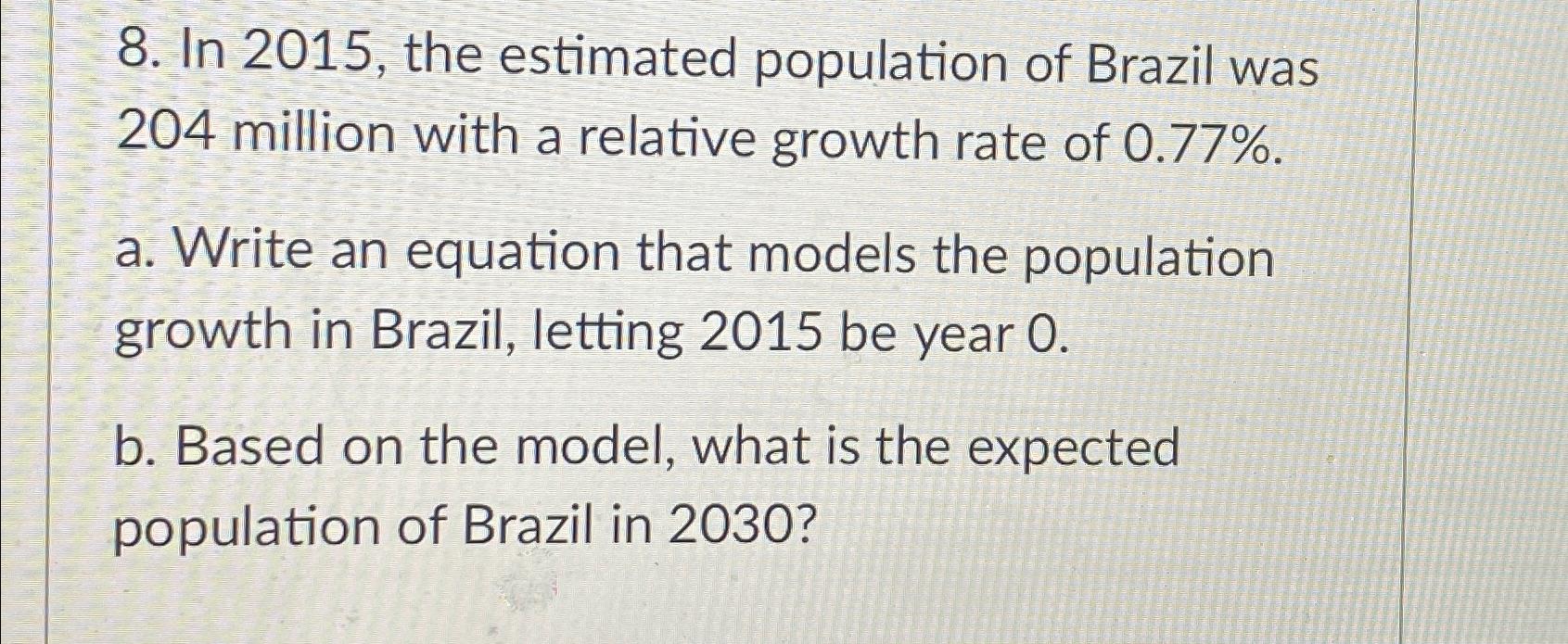Solved In 2015 , ﻿the estimated population of Brazil was 204 | Chegg.com
