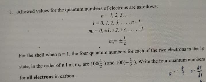 Solved 1. Allowed values for the quantum numbers of | Chegg.com