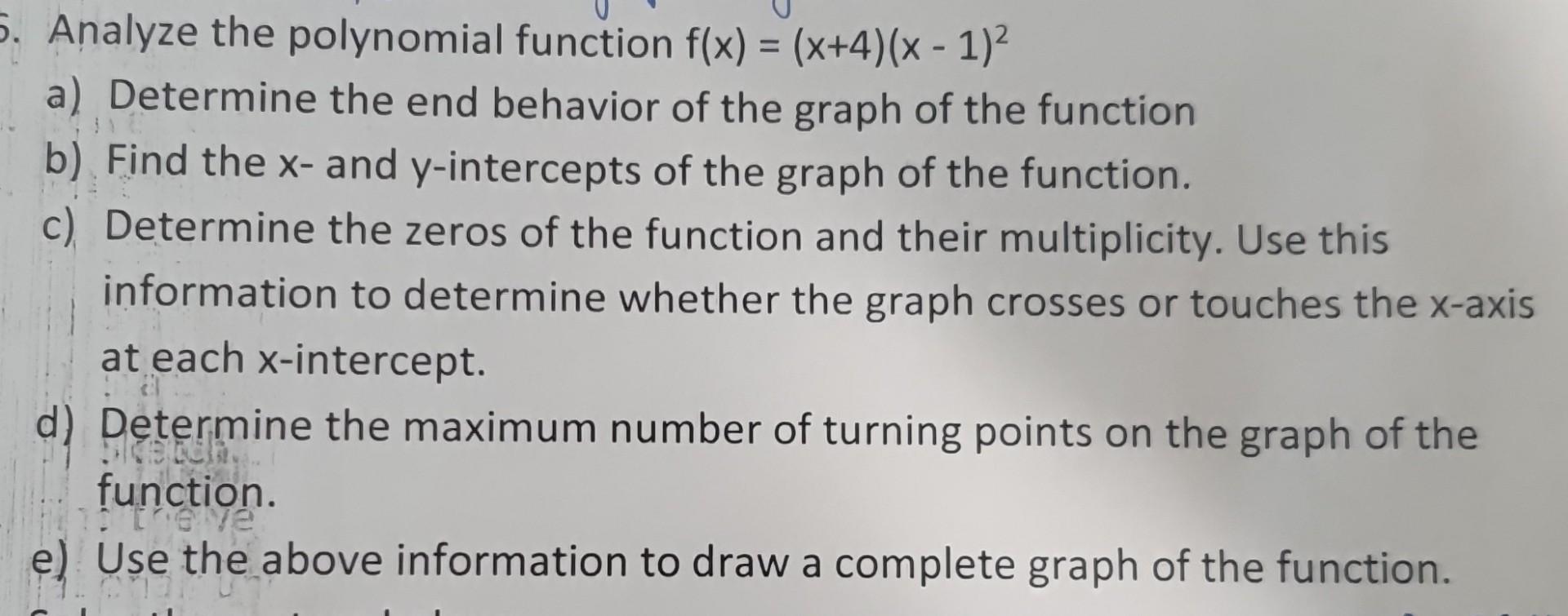Solved Analyze the polynomial function f(x)=(x+4)(x−1)2 a) | Chegg.com