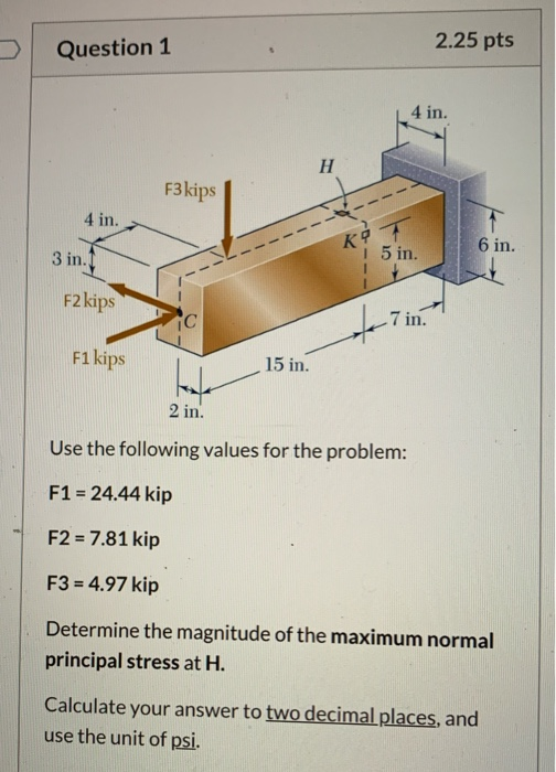 Solved Question 1 2.25 pts 4 in F3kips 4 in. 6 in. 3 in. | Chegg.com