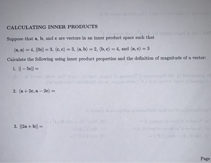 Solved CALCULATING INNER PRODUCTS Suppose that a, b, and c | Chegg.com