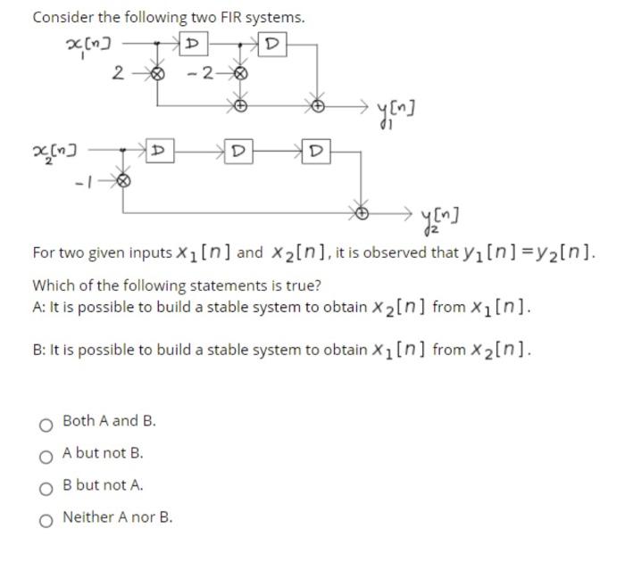 Solved Consider the following two FIR systems. x[n] D D 2 | Chegg.com