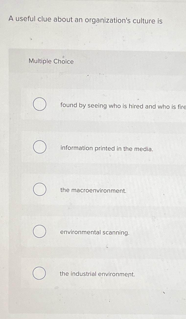Solved A useful clue about an organization's culture | Chegg.com