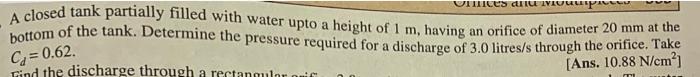 Solved JESUE WOULT A closed tank partially filled with water | Chegg.com