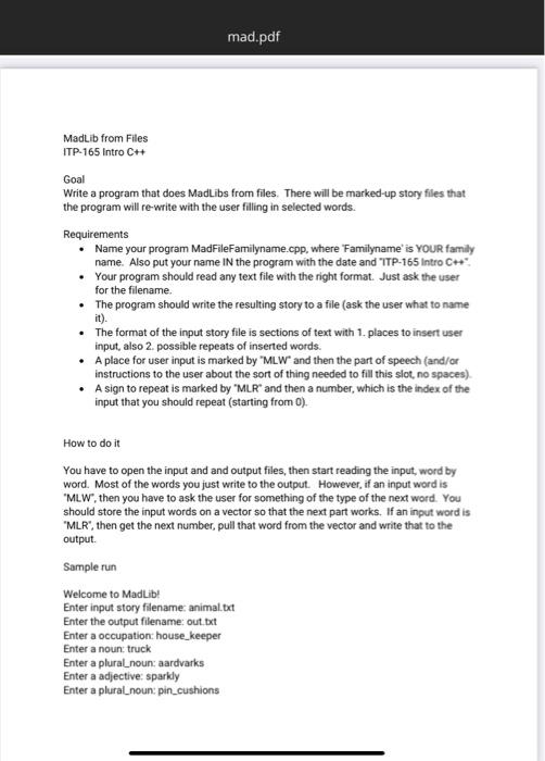 Solved mad.pdf Madlib from Files ITP-165 Intro C++ Goal | Chegg.com