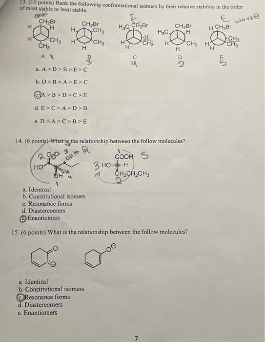 Solved 13. (10 points) Rank the following conformational | Chegg.com