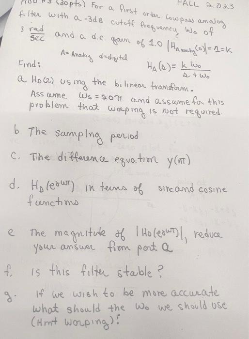 Solved solve the following fog a first order low ass analog | Chegg.com