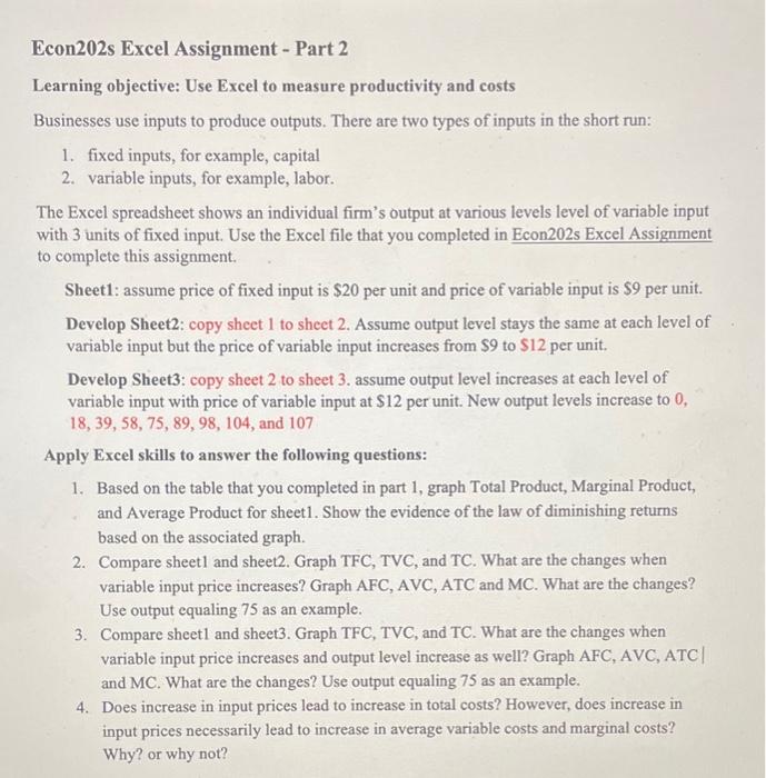 Solved Econ202s Excel Assignment - Part 2 Learning | Chegg.com