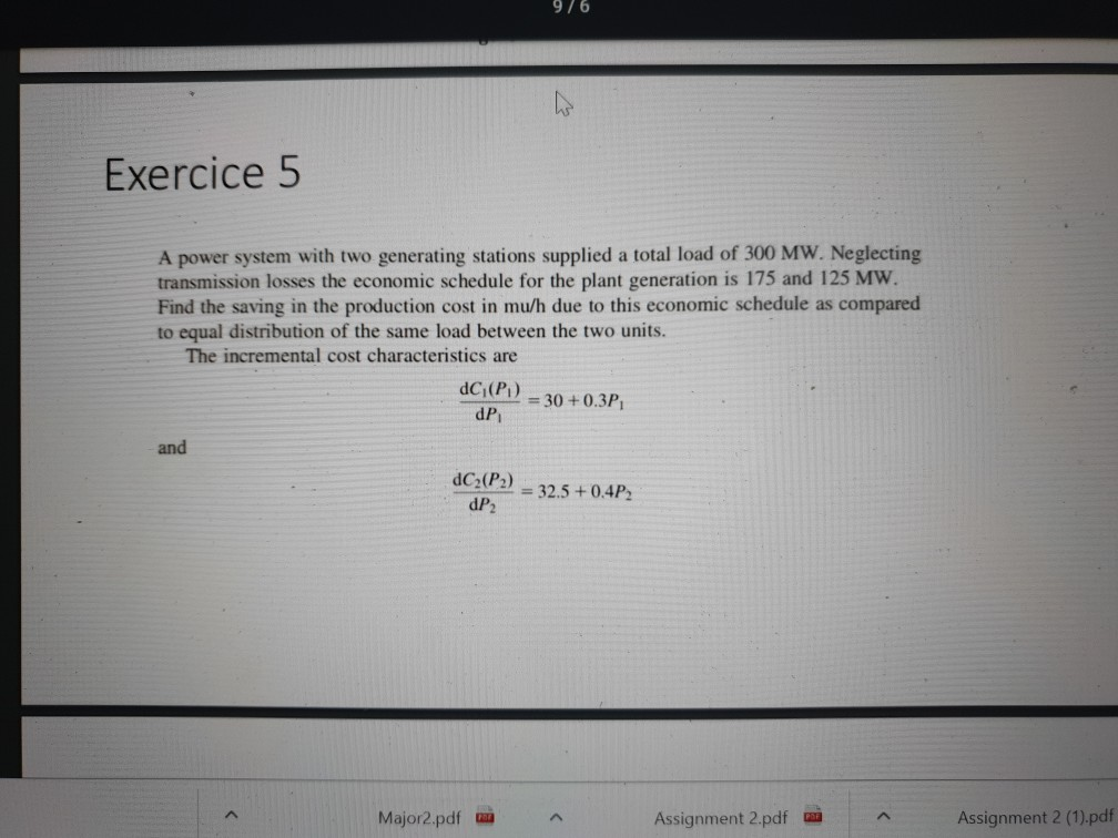 Solved 976 Exercice 5 A power system with two generating | Chegg.com