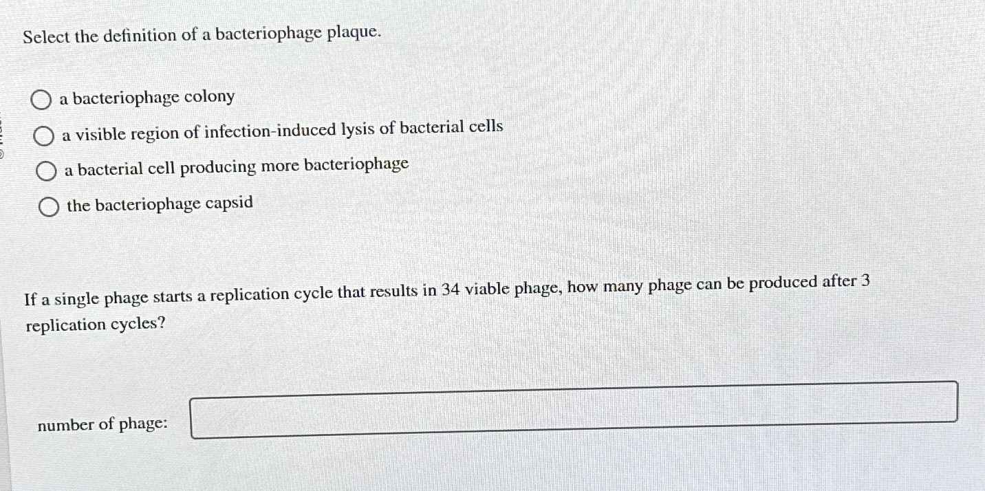 Solved Select the definition of a bacteriophage plaque.a | Chegg.com