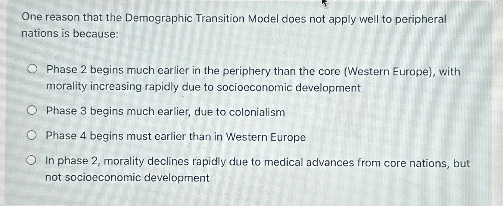 Solved One reason that the Demographic Transition Model does | Chegg.com