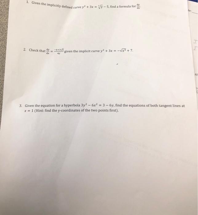 Solved 1. Given the implicitly defined curve y2+3x=3y−5, | Chegg.com