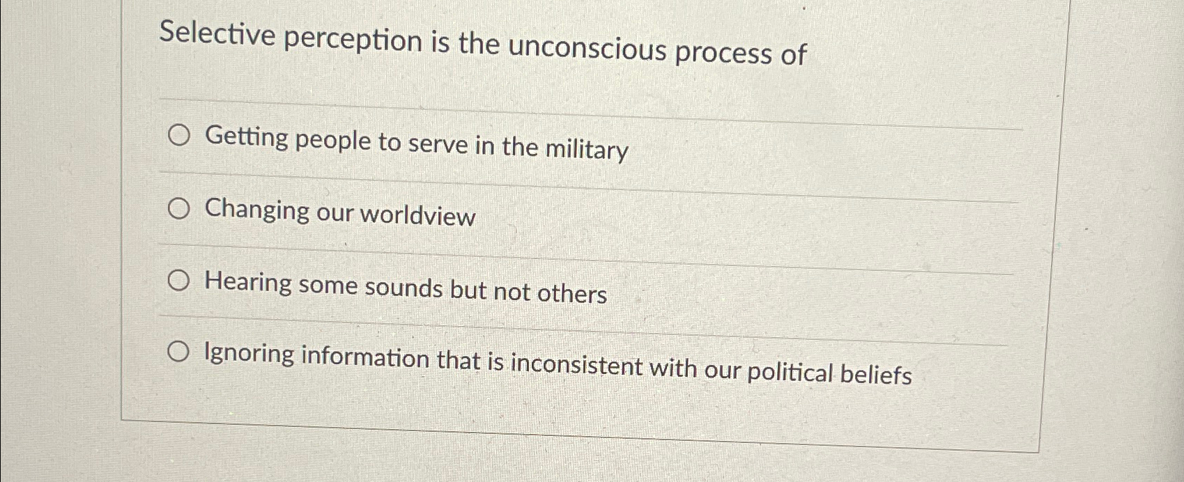Solved Selective perception is the unconscious process | Chegg.com