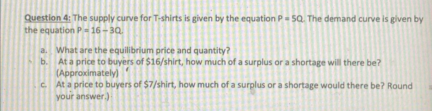 Solved Question 4: The supply curve for T-shirts is given by | Chegg.com