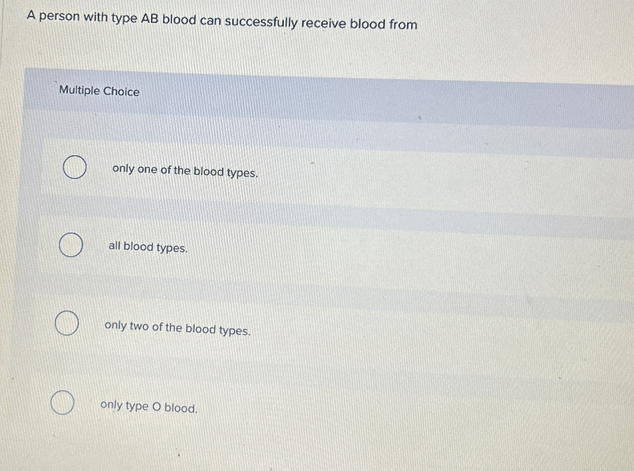 Solved A person with type AB ﻿blood can successfully receive | Chegg.com