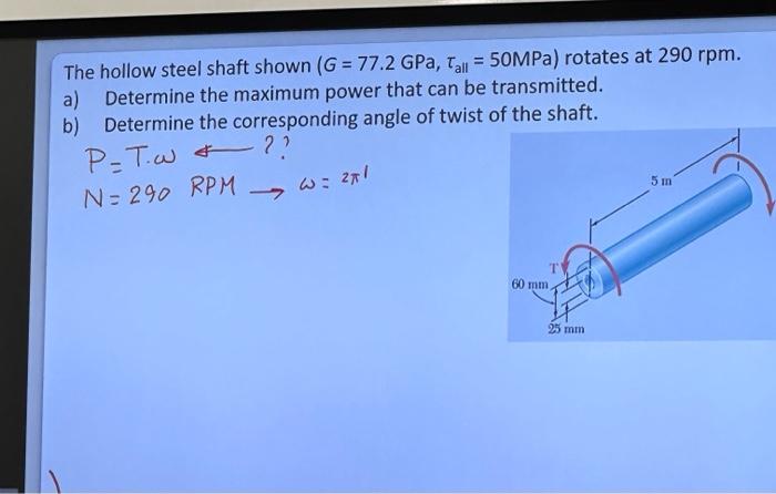 Solved The hollow steel shaft shown (G=77.2GPa,τall =50MPa) | Chegg.com