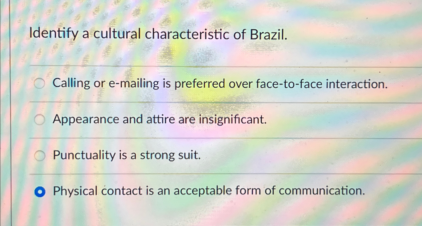 Solved Identify a cultural characteristic of Brazil.Calling | Chegg.com