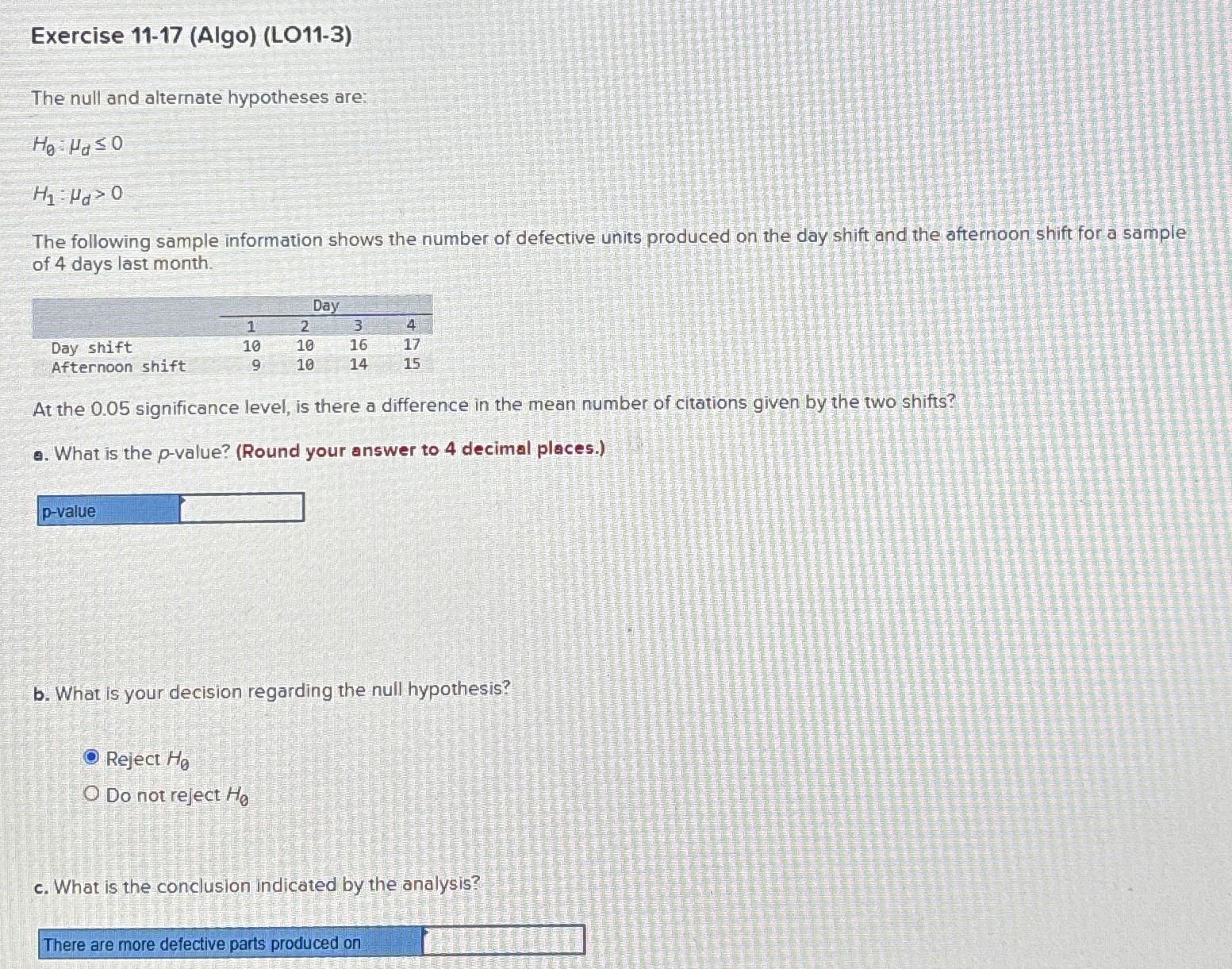 Solved Exercise 11-17 (Algo) (LO11-3)The null and alternate | Chegg.com