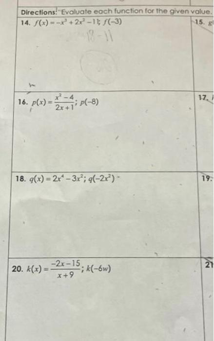 Solved Directions:- Evaluate each function for the given | Chegg.com