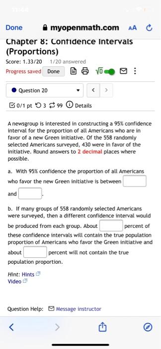 Solved Done myopenmath.com AAC Chapter 8: Confidence | Chegg.com