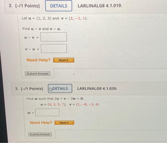 Solved Let u=(1,2,3) and v=(2,−1,1). Find u−v and v−u. u−v= | Chegg.com