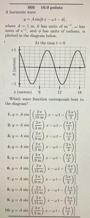 Solved 005 10.0 points A harmonic wave y= A sin(kx - wt-o, | Chegg.com