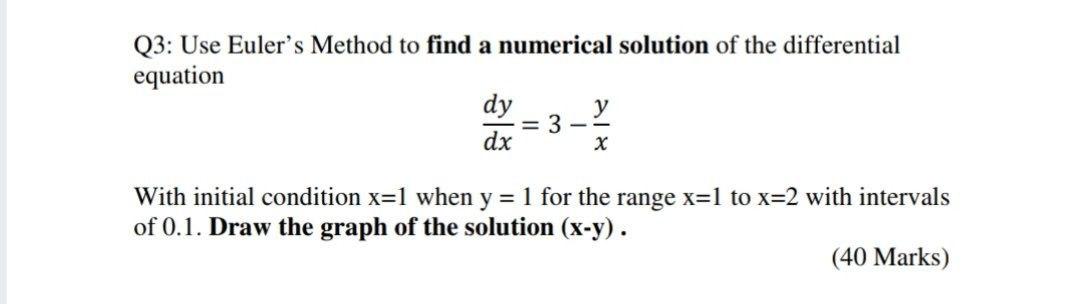 Solved Q3: Use Euler's Method to find a numerical solution | Chegg.com