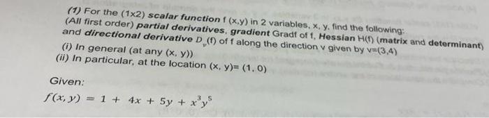 Solved (1) For the (1×2) scalar function f(x,y) in 2 | Chegg.com
