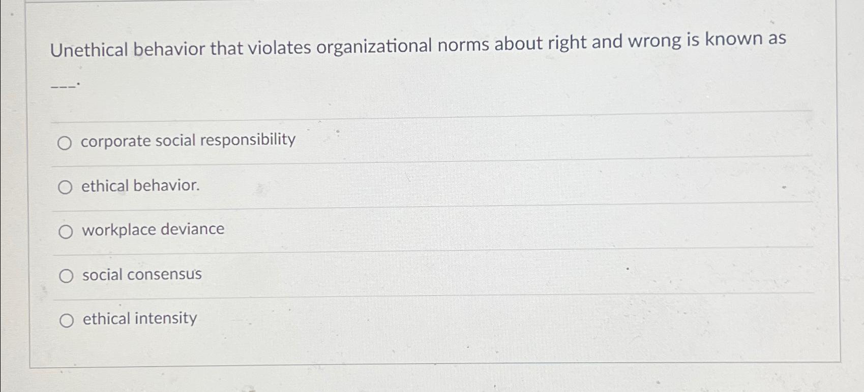 Solved Unethical behavior that violates organizational norms | Chegg.com