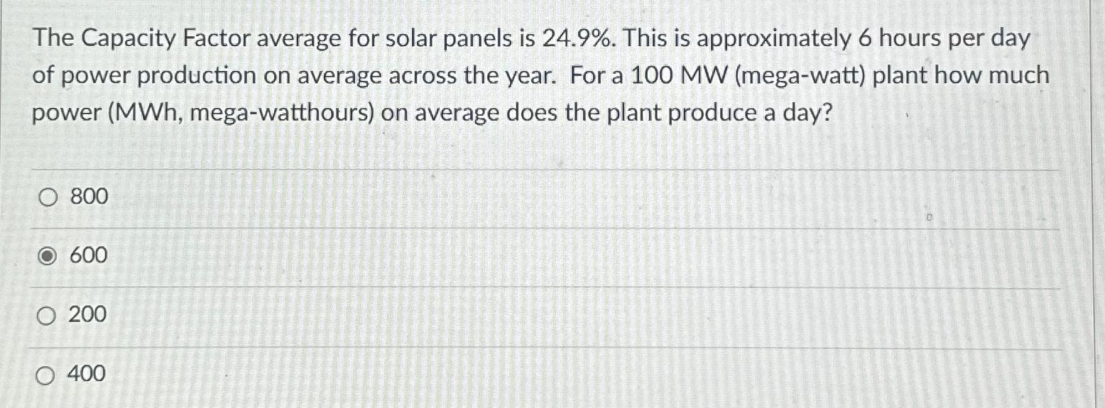 Solved The Capacity Factor average for solar panels is | Chegg.com