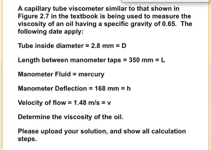 Solved A capillary tube viscometer similar to that shown in | Chegg.com