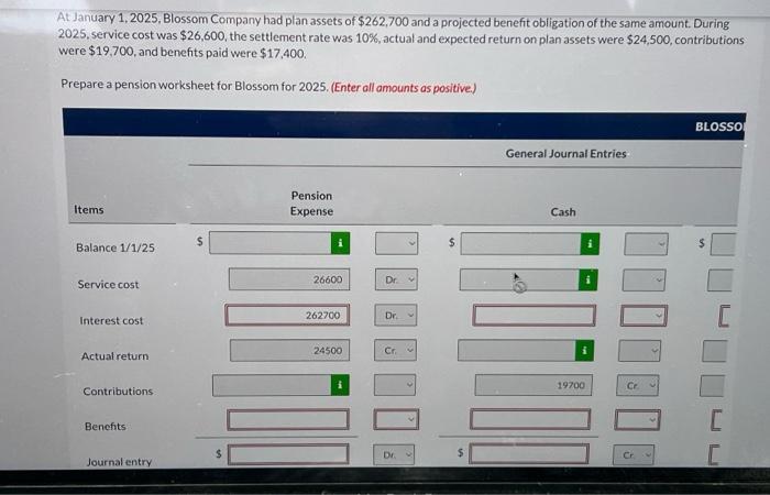 Solved t January 1,2025, Blossom Company had plan assets of | Chegg.com