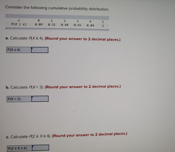 Solved Consider the following cumulative probability | Chegg.com