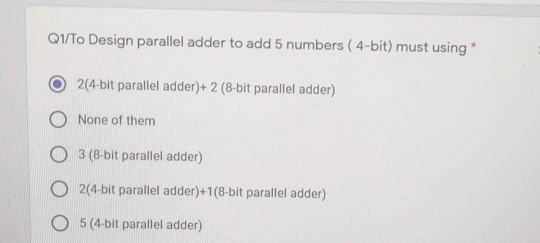 Solved Q1/To Design parallel adder to add 5 numbers ( 4-bit) | Chegg.com