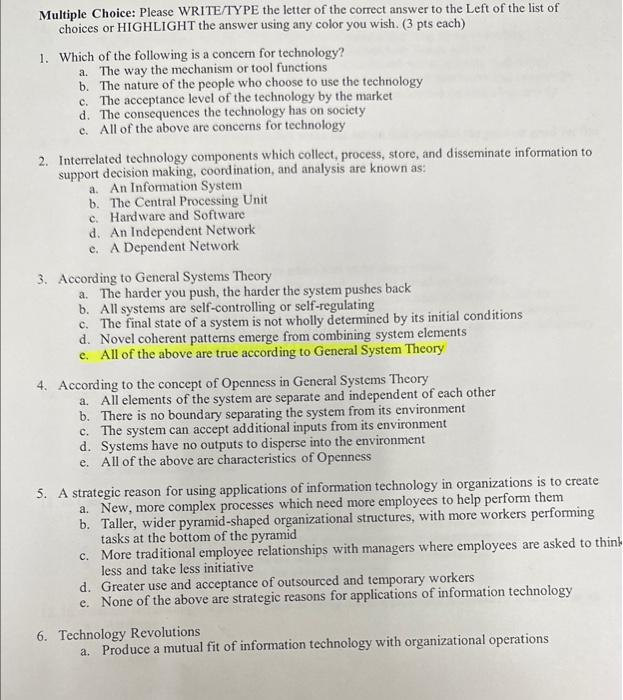 Solved Multiple Choice: Please WRITE/TYPE the letter of the | Chegg.com