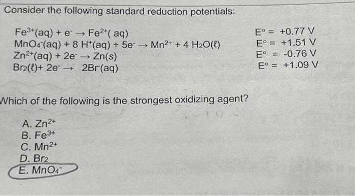 Solved Consider the following standard reduction potentials: | Chegg.com