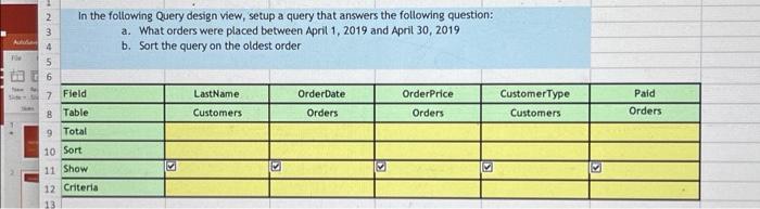 Solved In the following Query design view, setup a query | Chegg.com