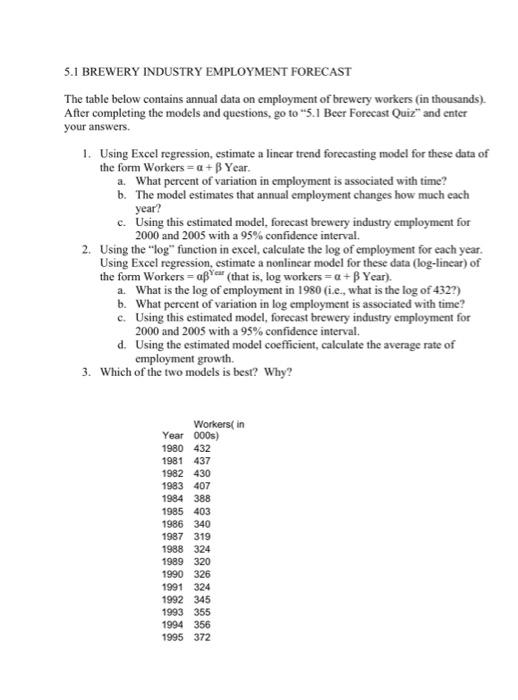 Solved 1 Using Excel Regression Estimate A Linear Trend