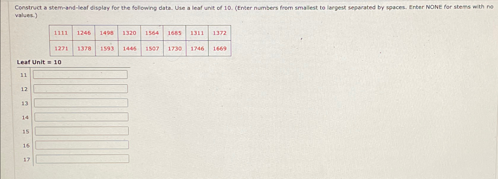 Solved Construct a stem-and-leaf display for the following | Chegg.com