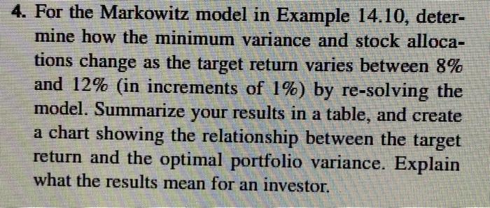 Solved 4. For the Markowitz model in Example 14.10, | Chegg.com