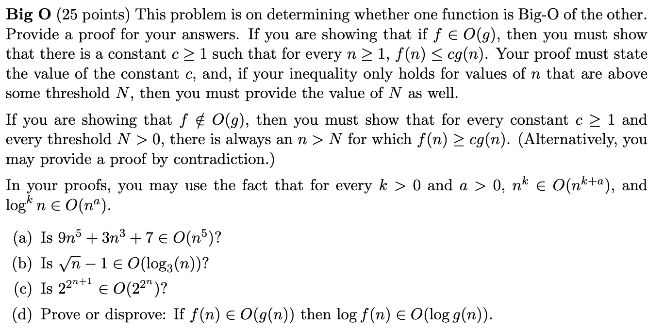 Solved Big O (25 ﻿points) ﻿This problem is on determining | Chegg.com