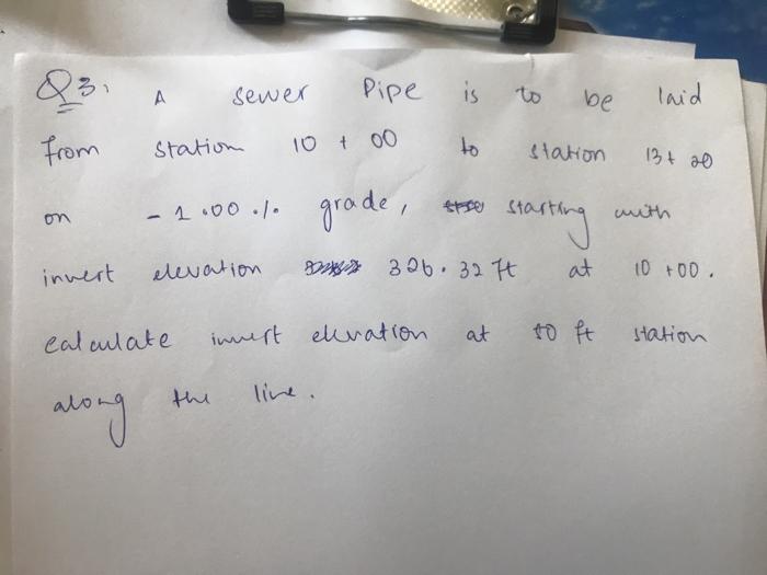 Solved 3 A sewer Pipe is to be from station 10 + 00 to | Chegg.com