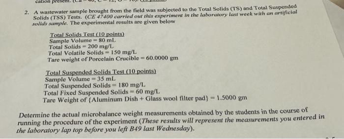 Solved 2. A wastewater sample brought from the field was | Chegg.com