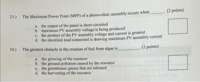 Solved 23.) The Maximum Power Point (MPP) of a photovoltaic | Chegg.com