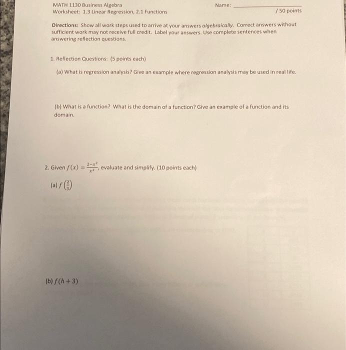 Solved MATH 1130 Business Algebra Worksheet: 1.3 Linear | Chegg.com