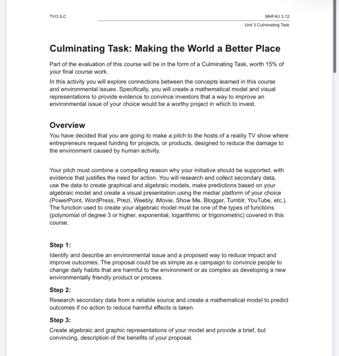 Solved TVO ILC MHF4U 3.12 Unit 3 Culminating Task | Chegg.com