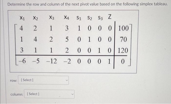 Solved Determine the row and column of the next pivot value | Chegg.com